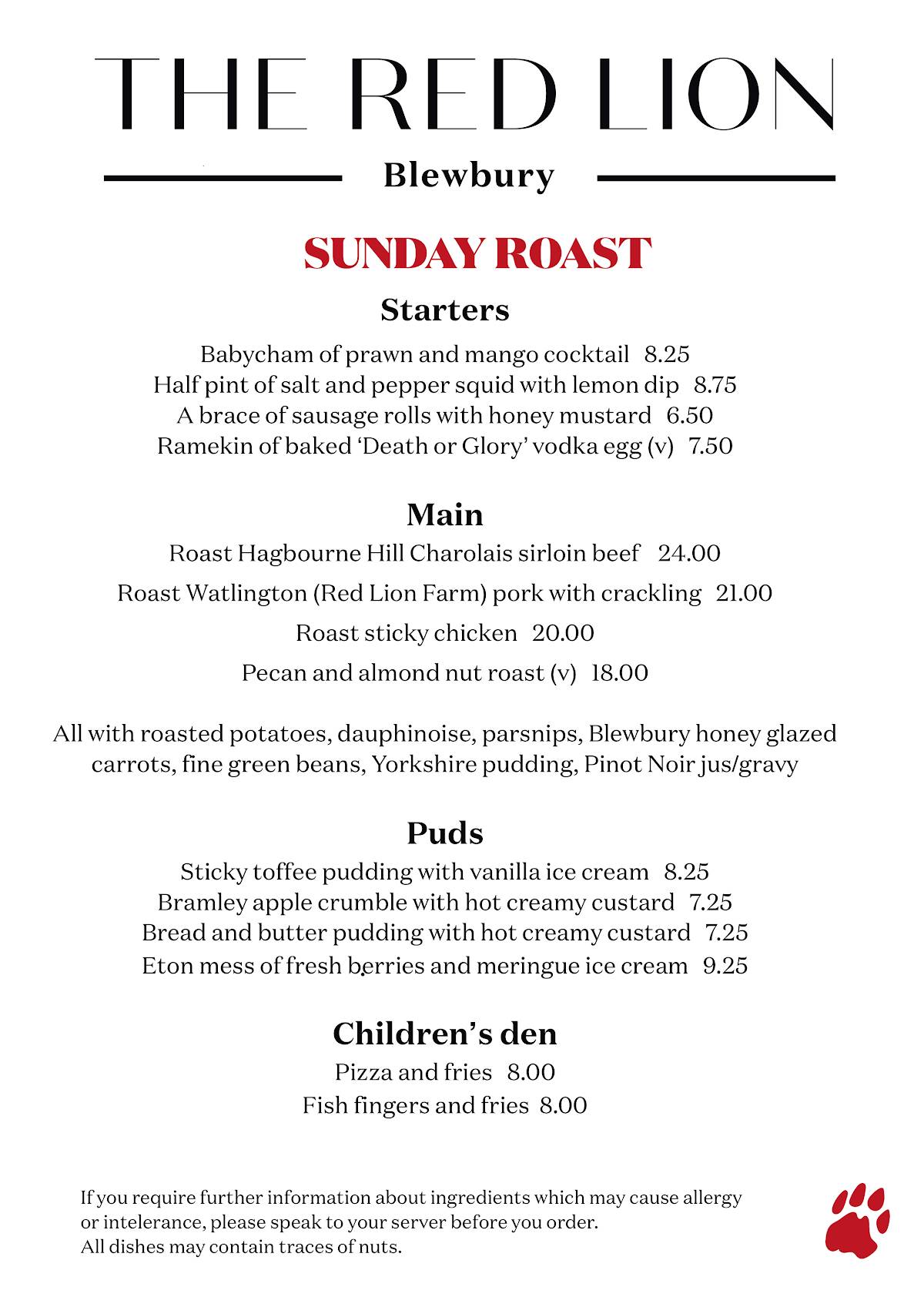 Menu at The Red Lion pub & bar, Didcot