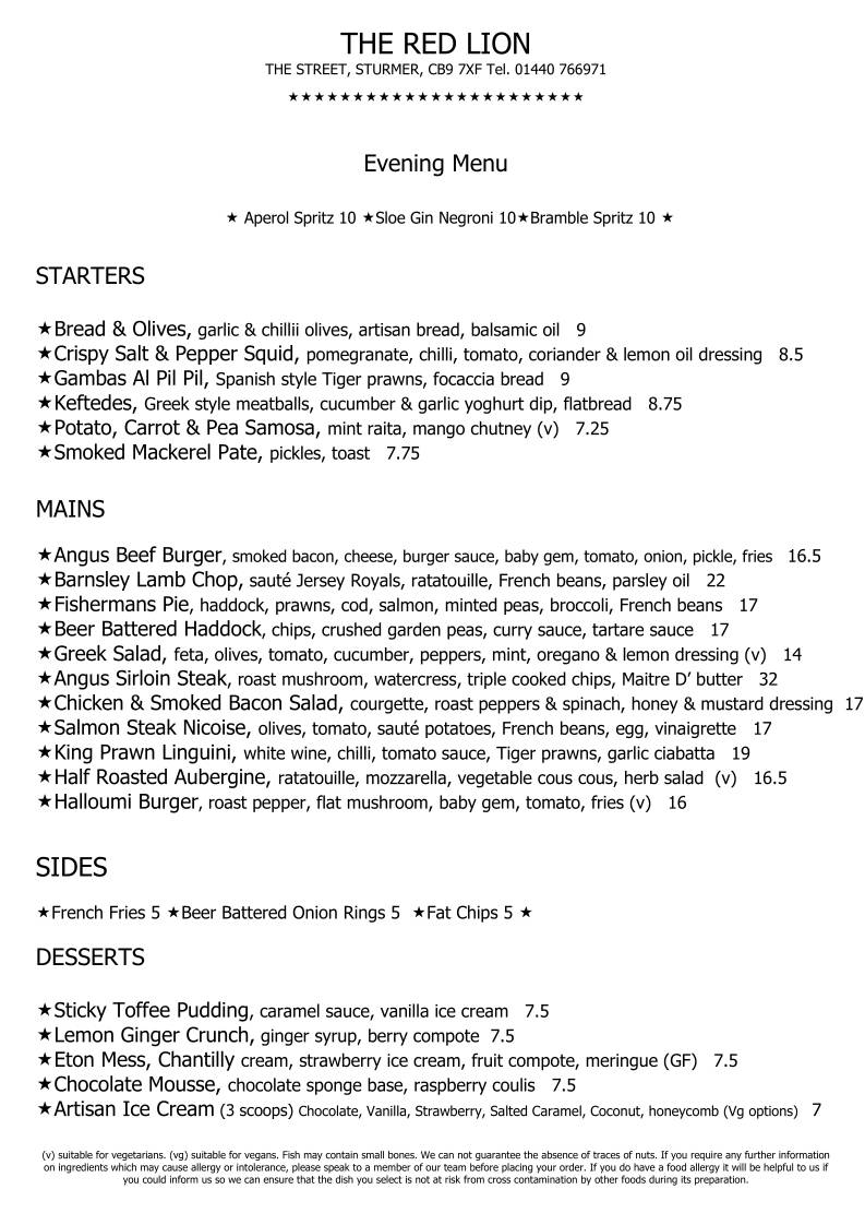 Menu at The Red Lion Sturmer pub & bar, Haverhill, Red Lion