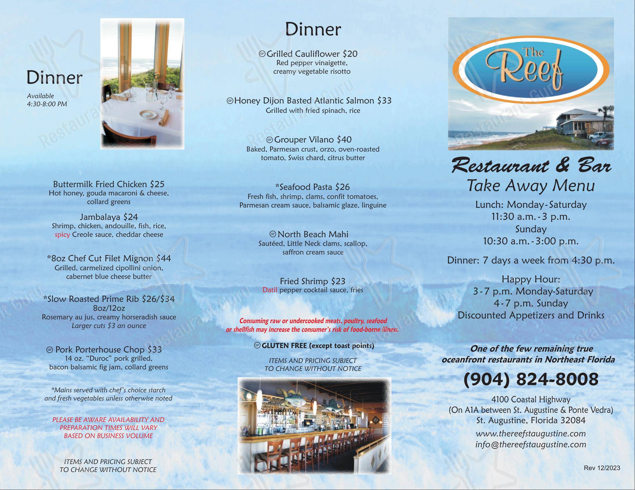 Menu at The Reef restaurant, St. Augustine