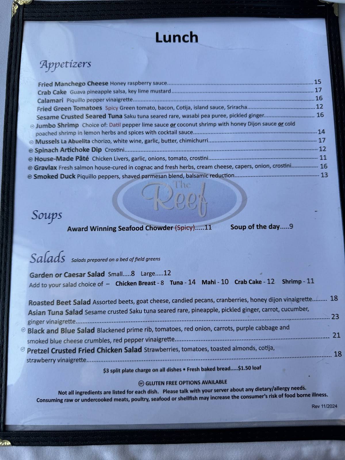 Menu at The Reef restaurant, St. Augustine