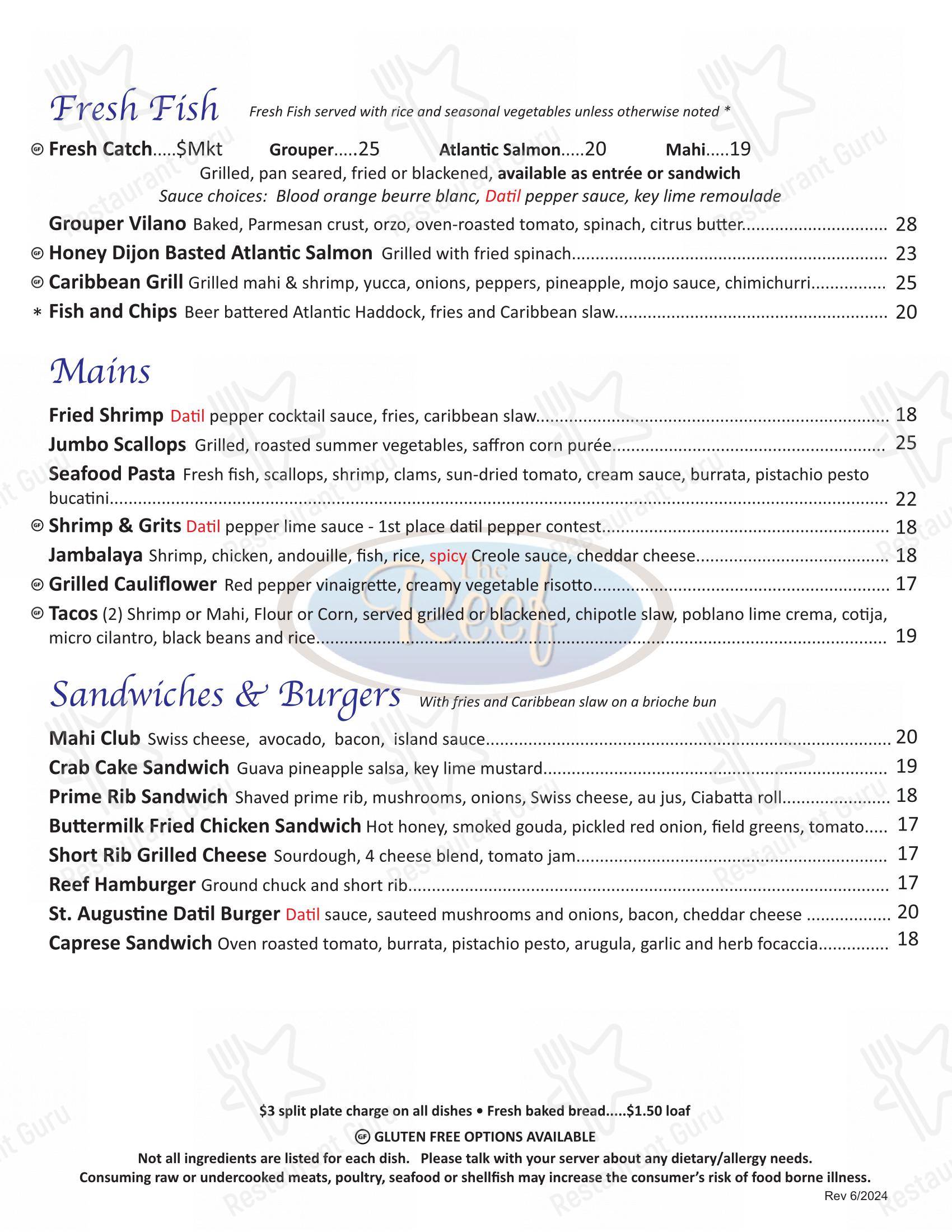 Menu at The Reef restaurant, St. Augustine