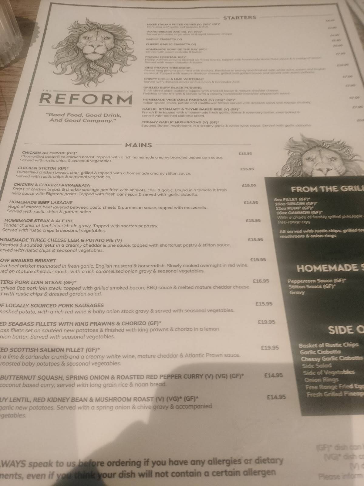 Menu at The Reform Inn pub & bar, Leek
