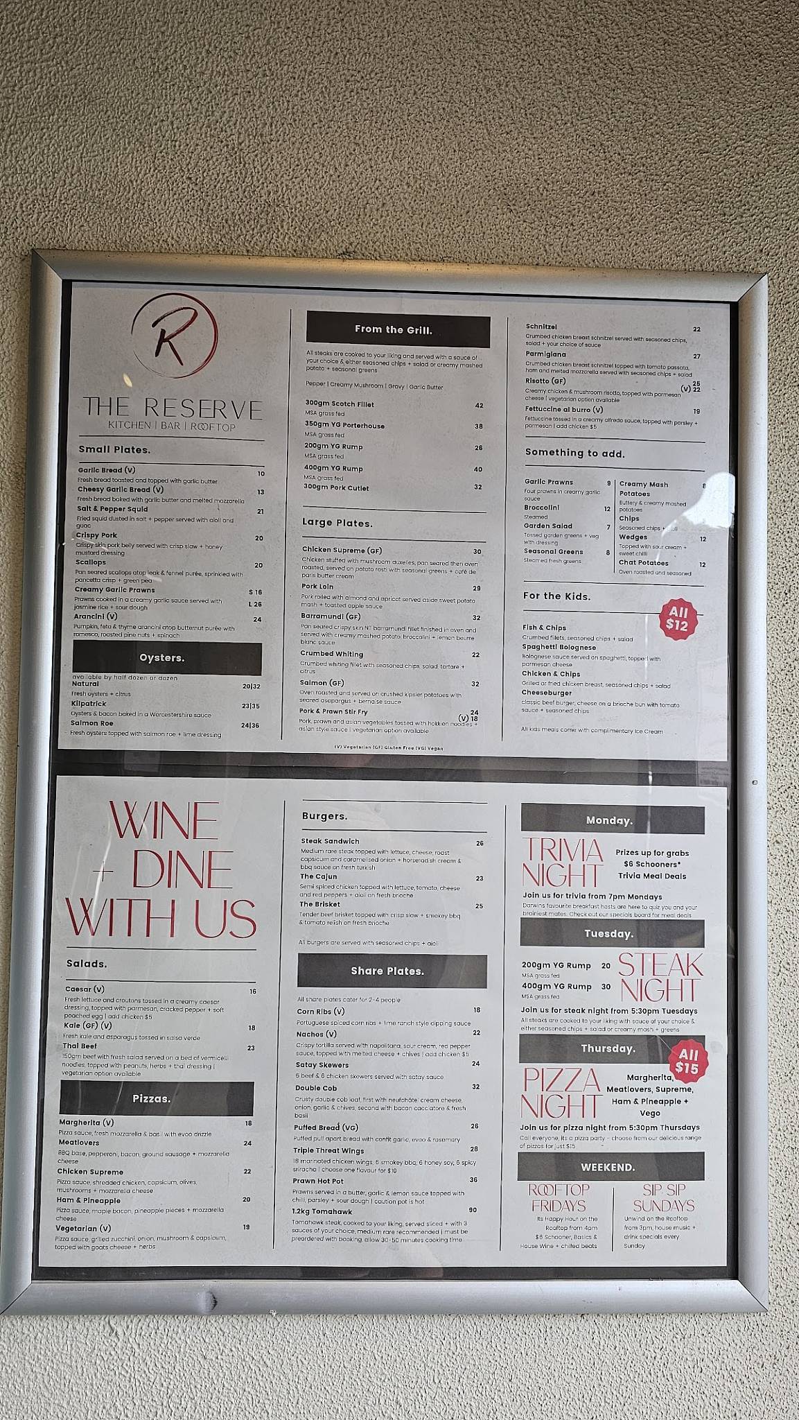Menu at The Reserve pub & bar, Darwin City
