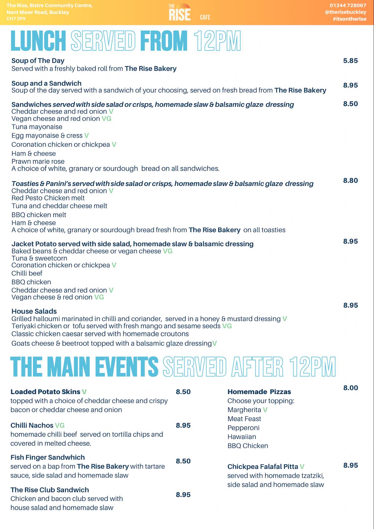 Menu at The Rise cafe, Buckley