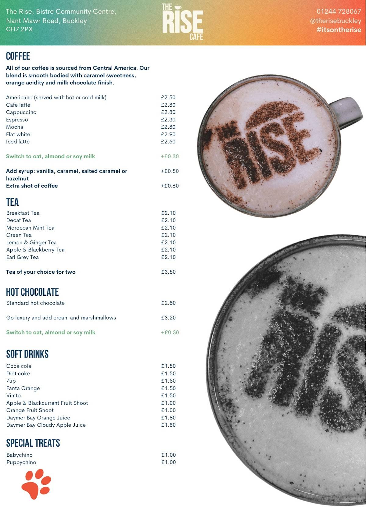 Menu at The Rise cafe, Buckley