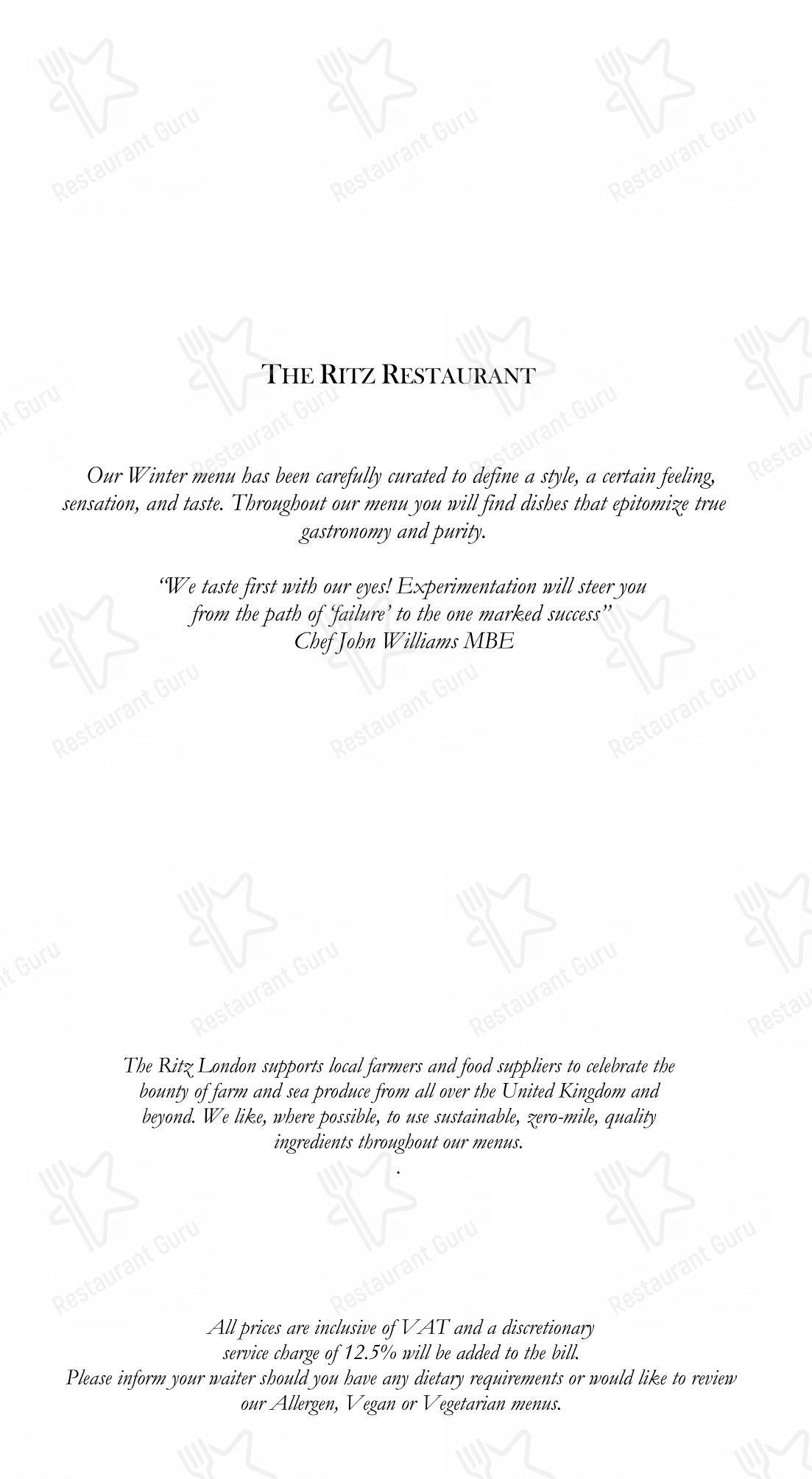 Menu at The Ritz Restaurant, London