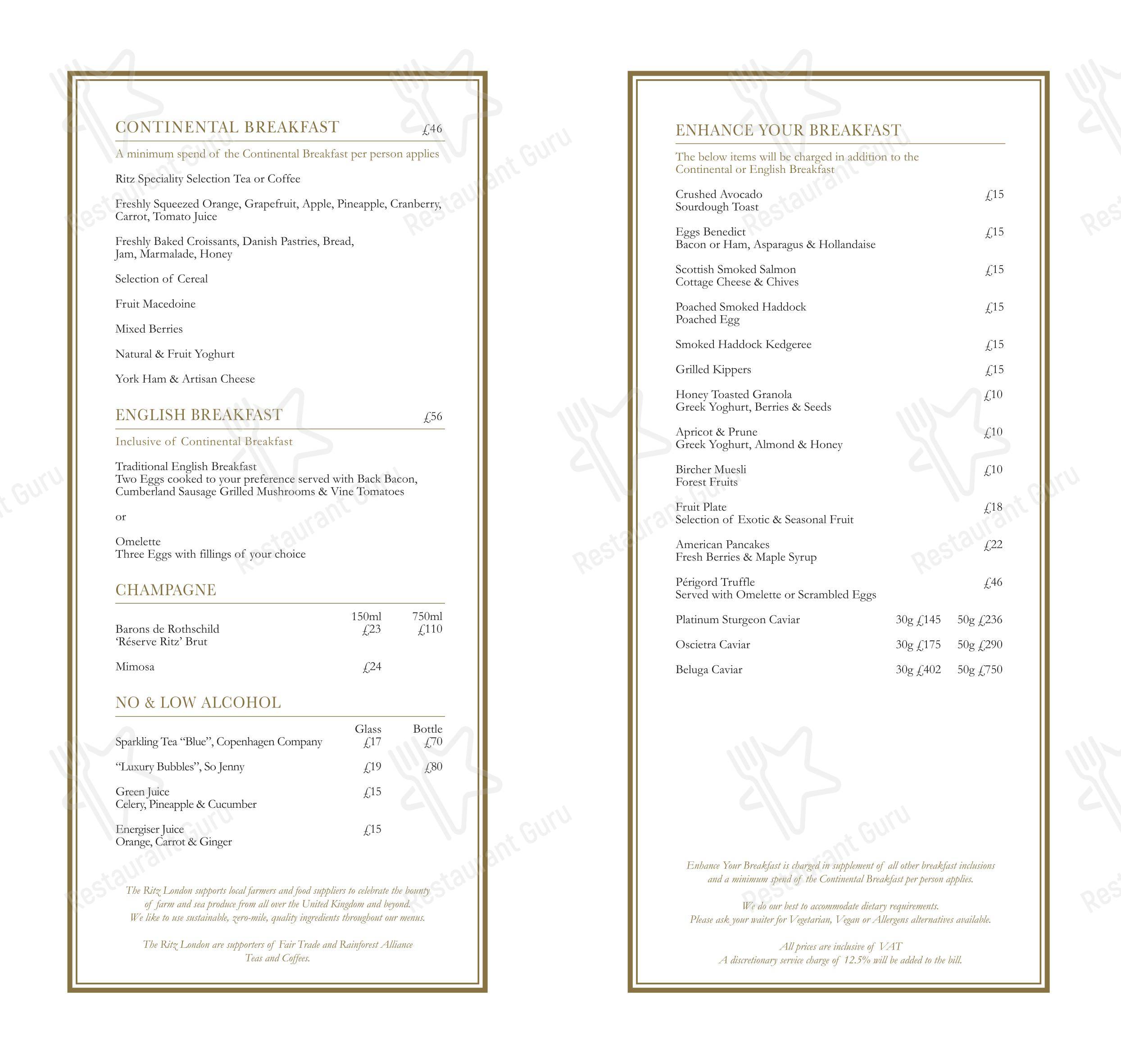 Menu at The Ritz Restaurant, London