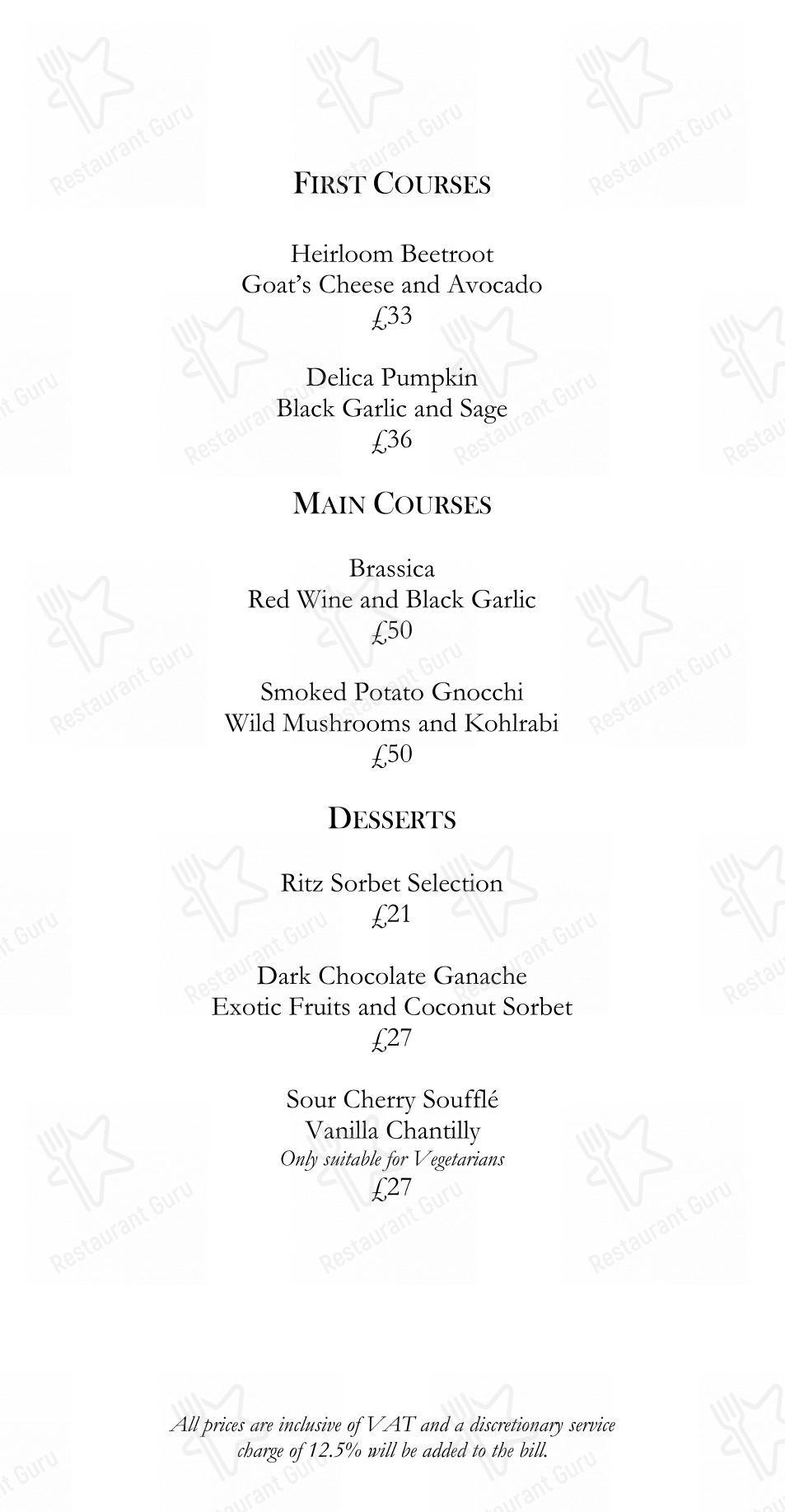 Menu at The Ritz Restaurant, London