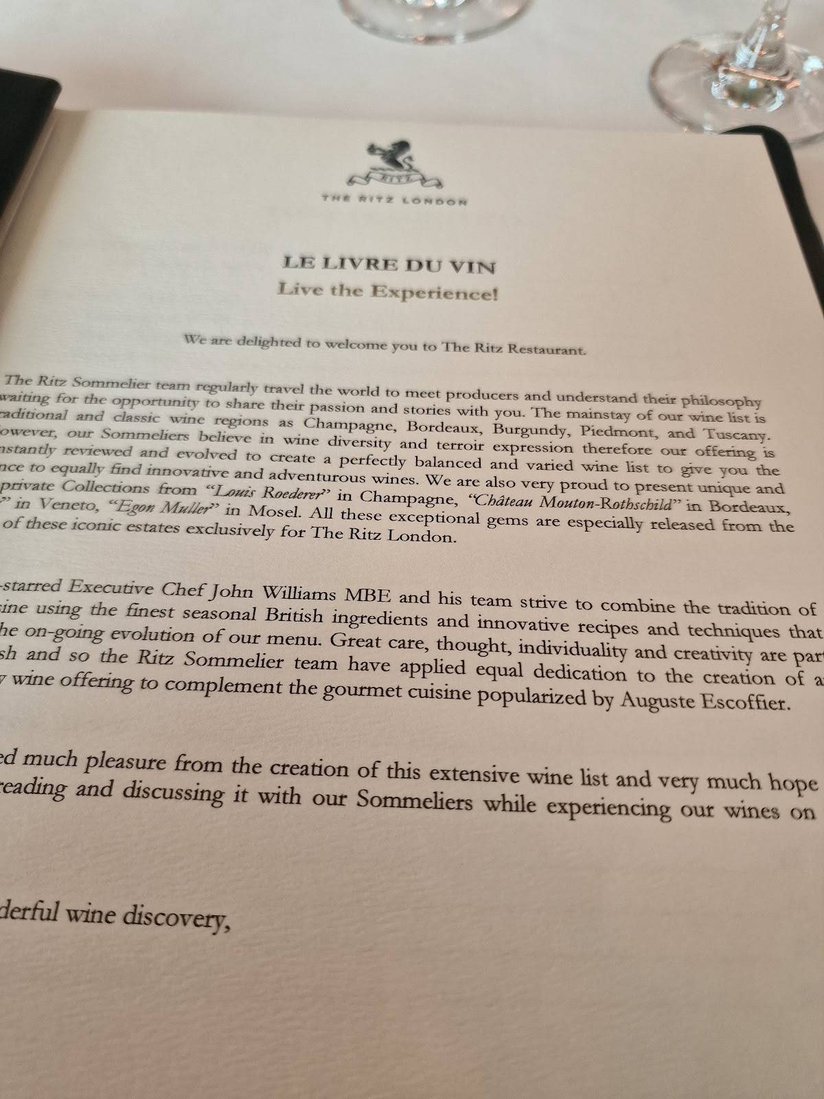 Menu at The Ritz restaurant, London