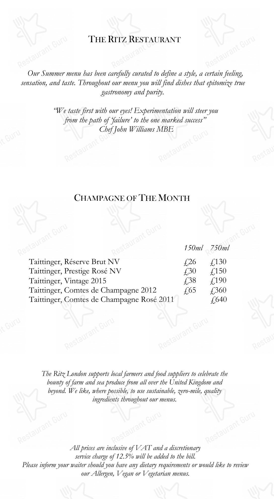 Menu at The Ritz Restaurant, London