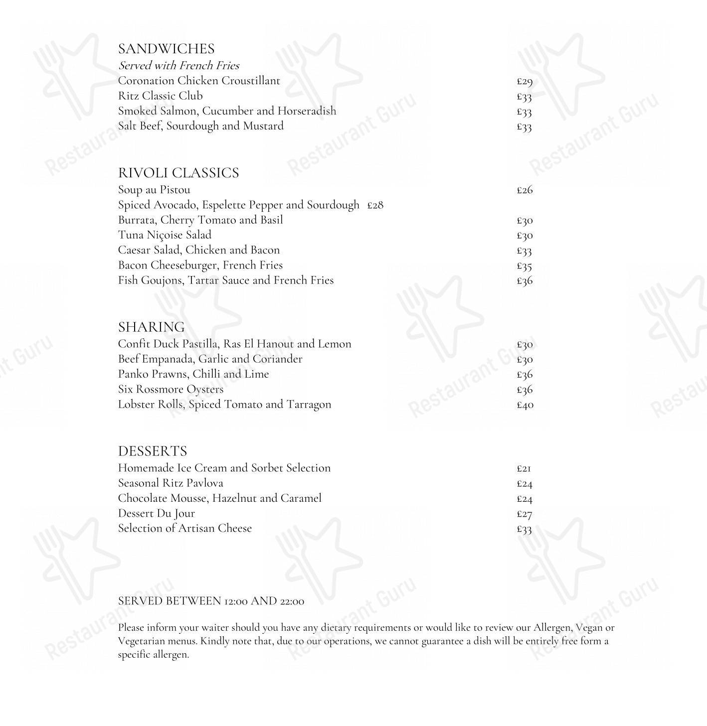 Menu at The Ritz Restaurant, London