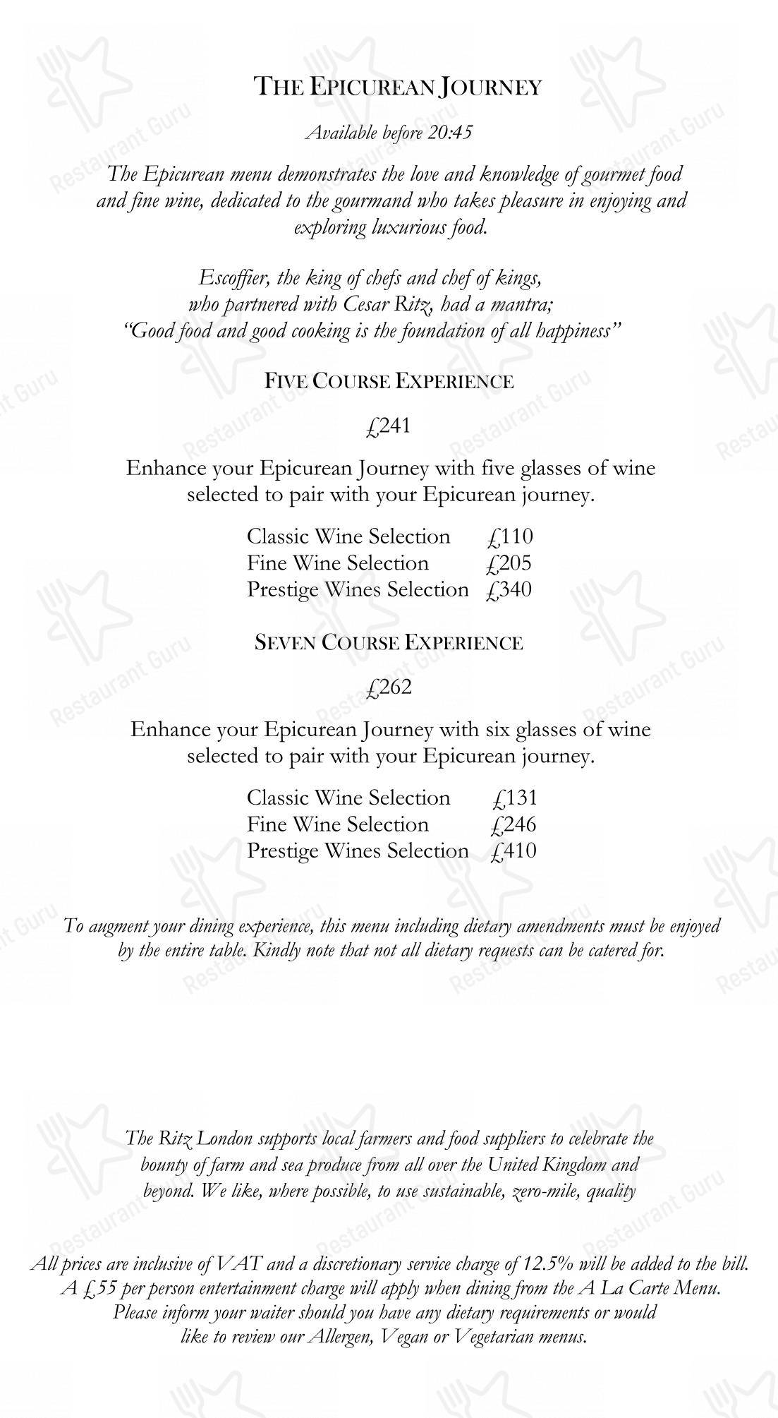 Menu at The Ritz Restaurant, London