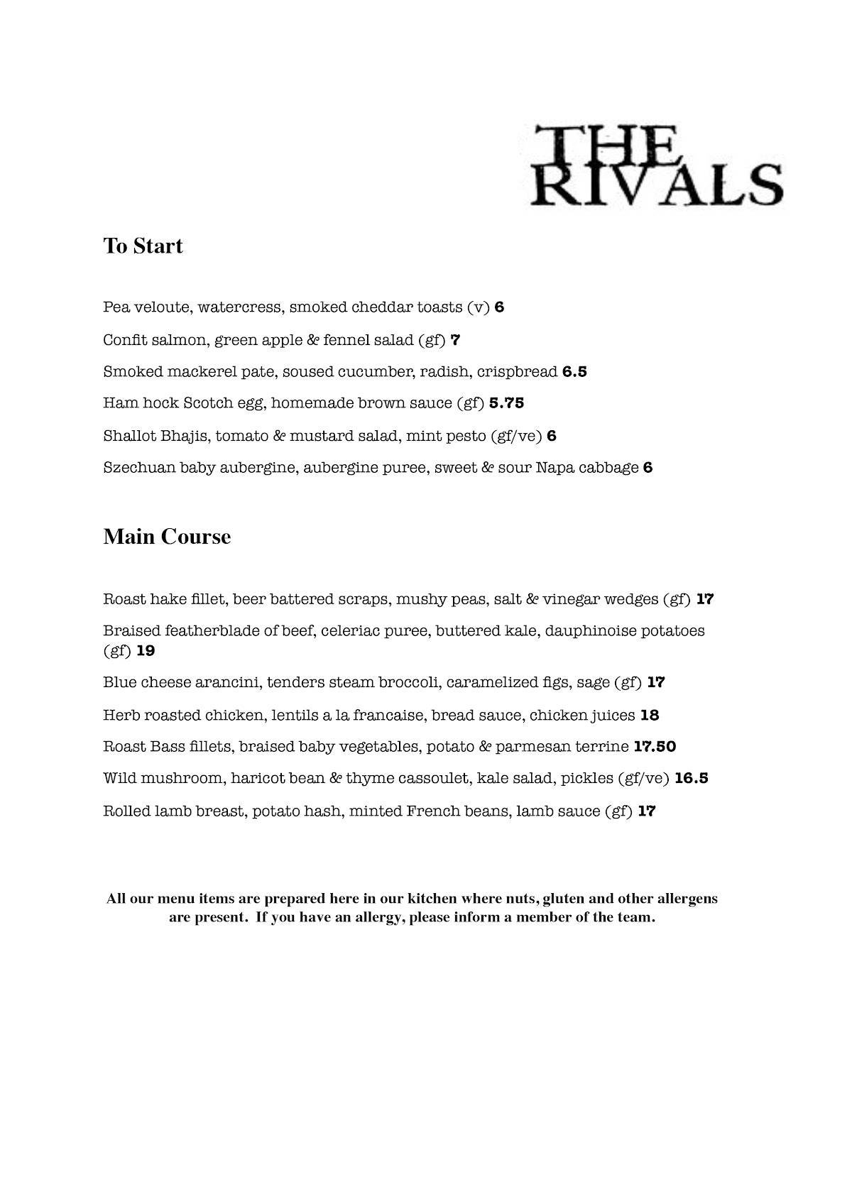 Menu at The Rivals Bar & Cafe, Manchester