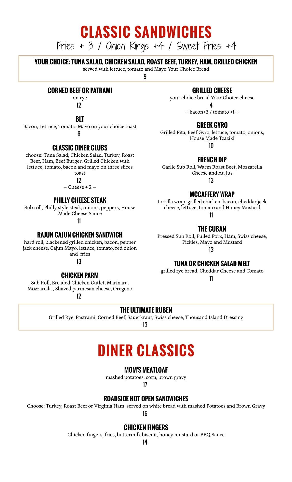 Menu at The Roadside Diner, Wall NJ restaurant, Wall Township