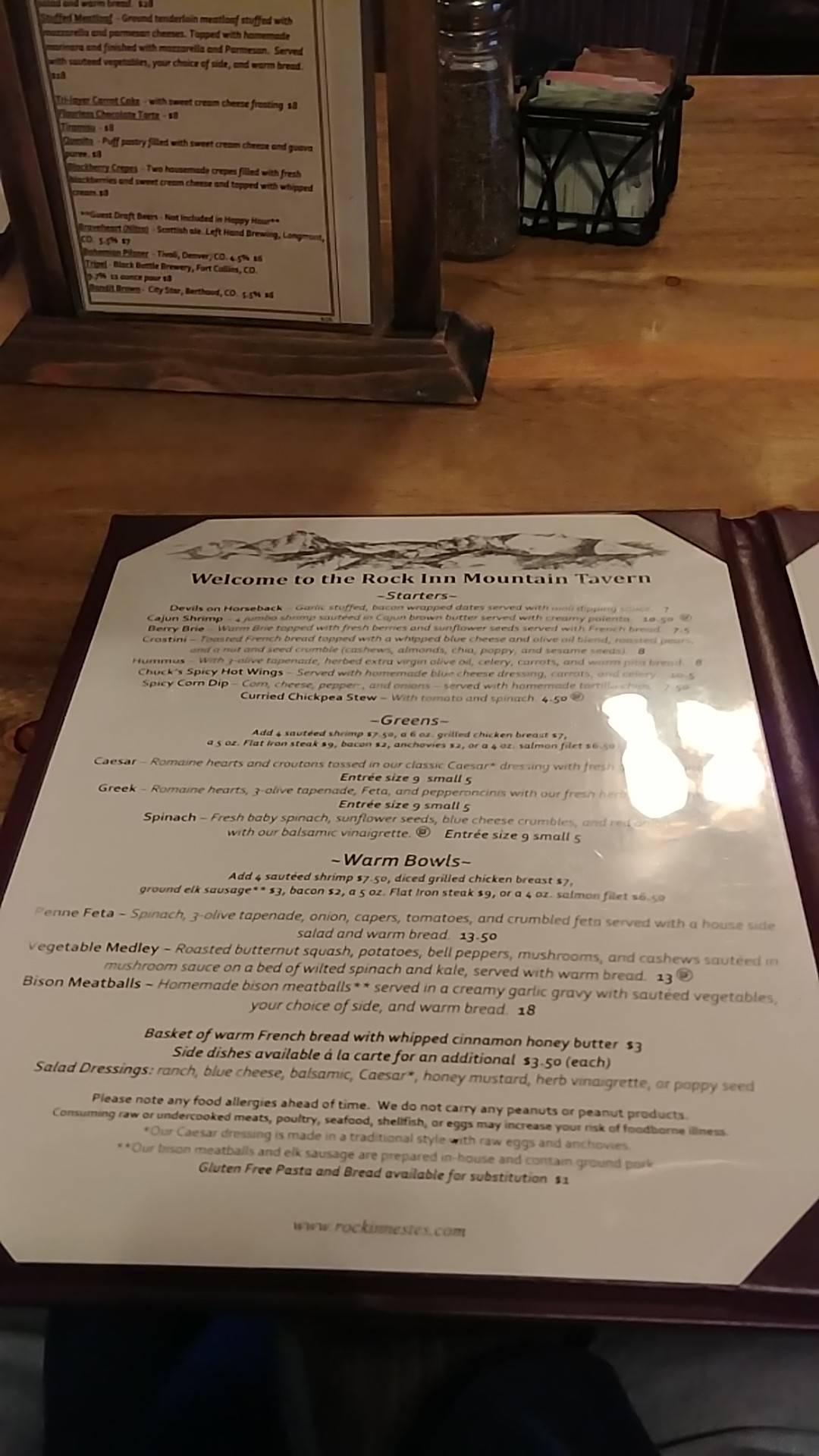 Menu at The Rock Inn Mountain Tavern steakhouse, Estes Park
