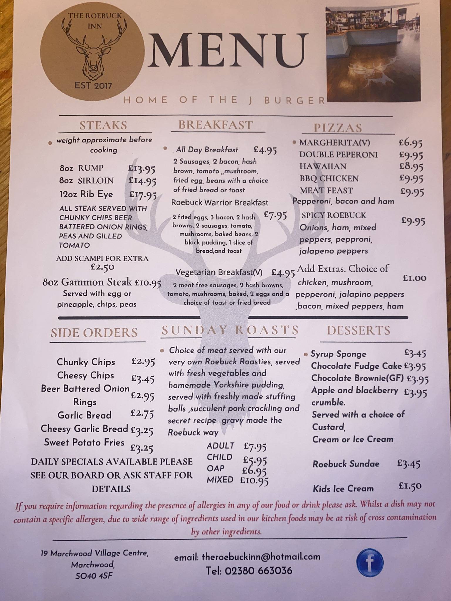 Menu at The Roebuck Inn pub & bar, Southampton, 19 Marchwood Village Centre