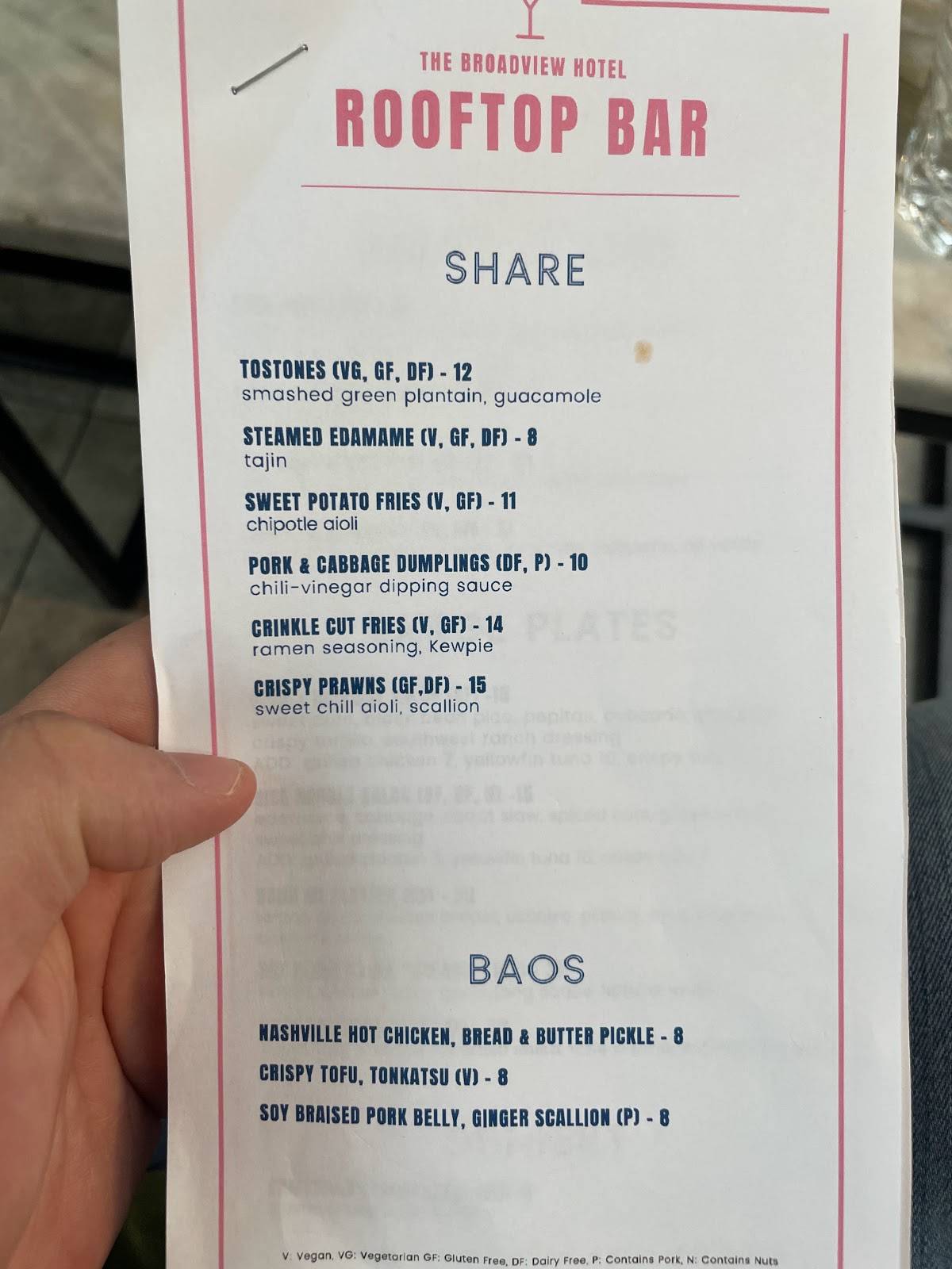 Menu at The Rooftop pub & bar, Toronto, The Broadview Hotel