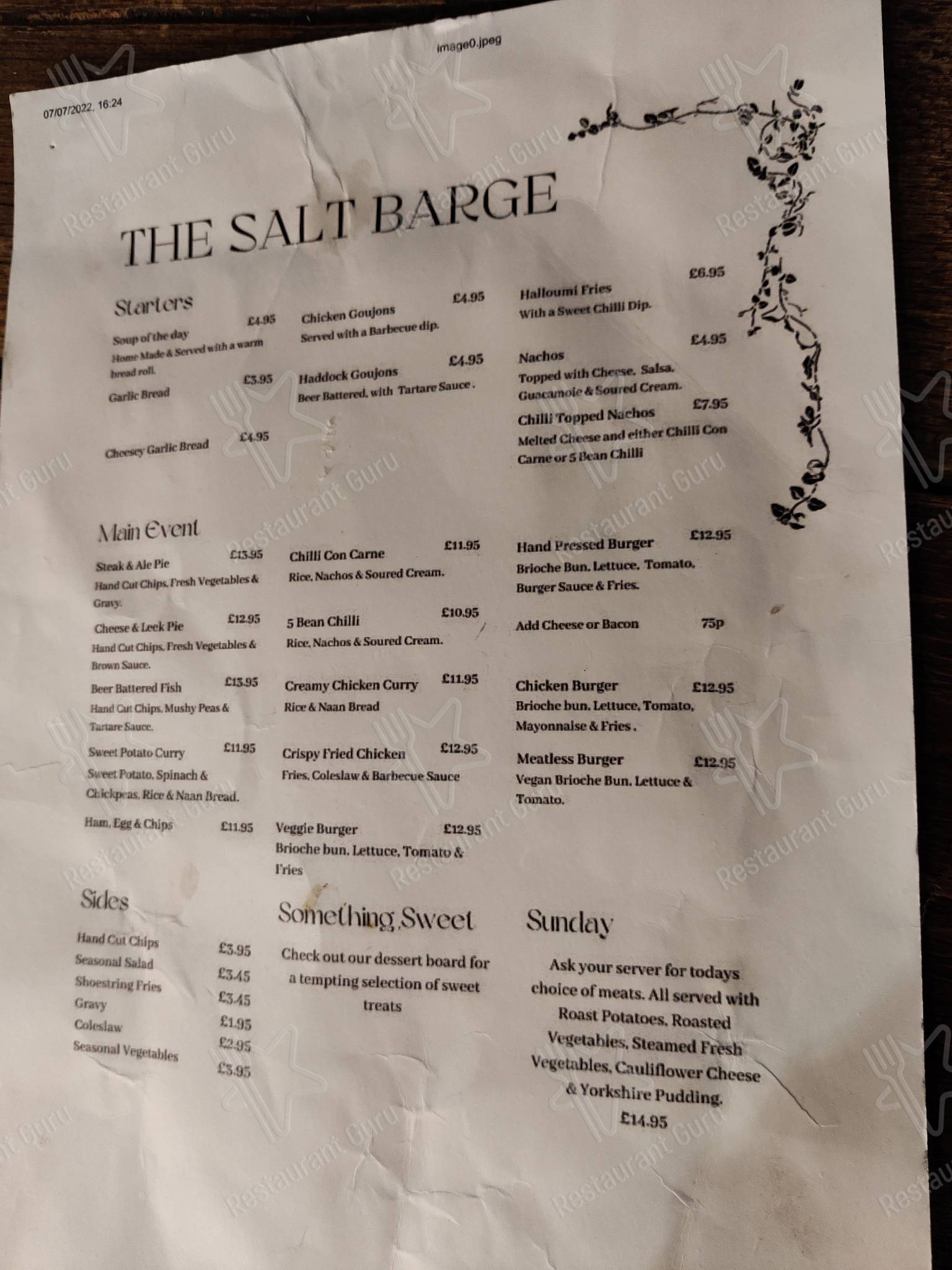 Menu at The Salt Barge, Northwich