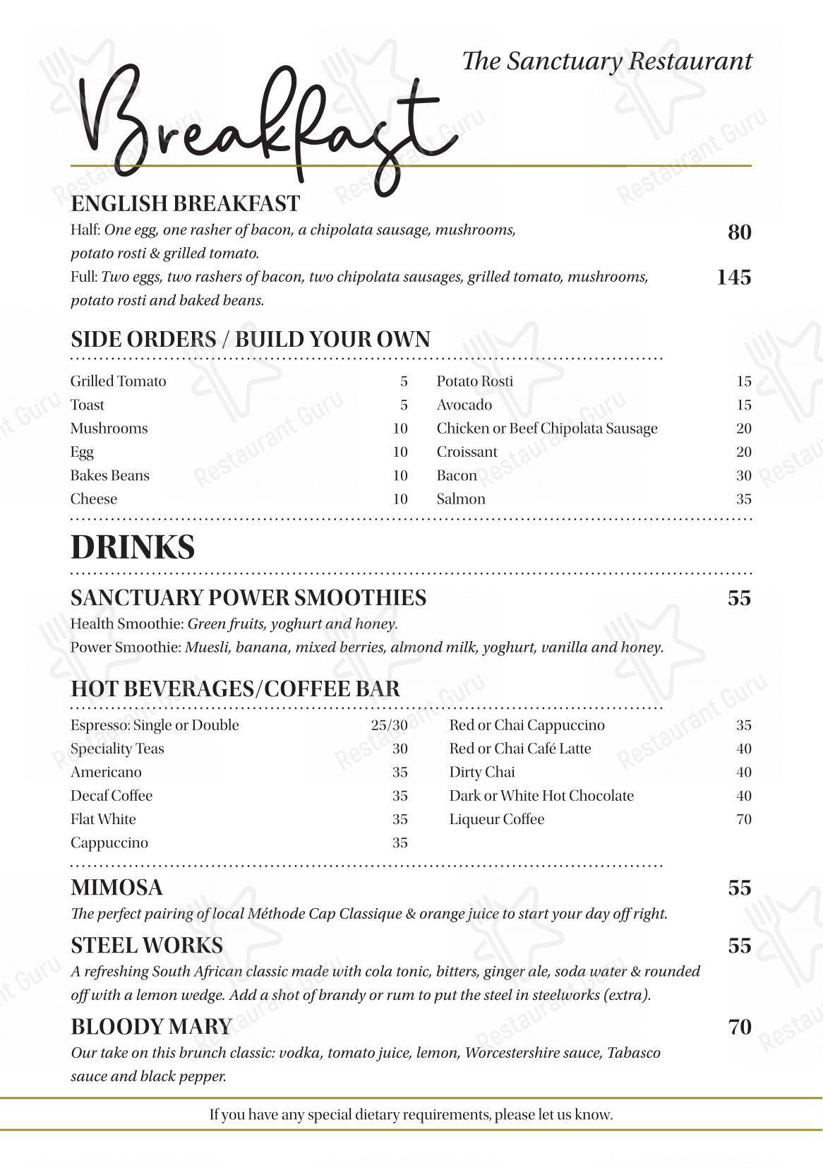 Menu at The Sanctuary Restaurant, Cape Town