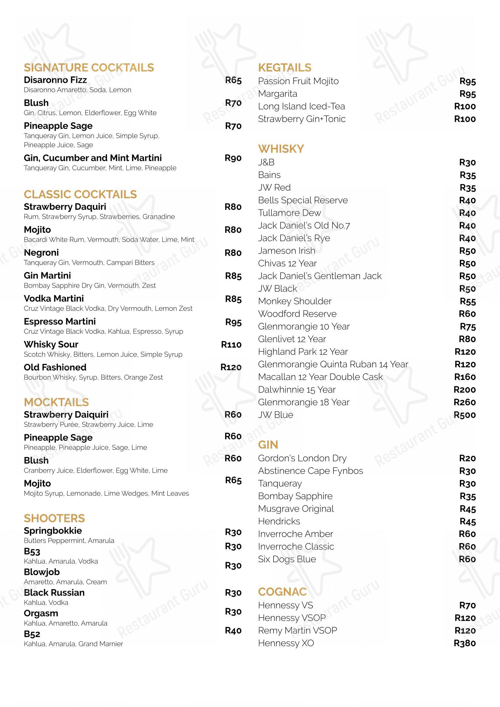 Menu at The Sanctuary Restaurant, Cape Town