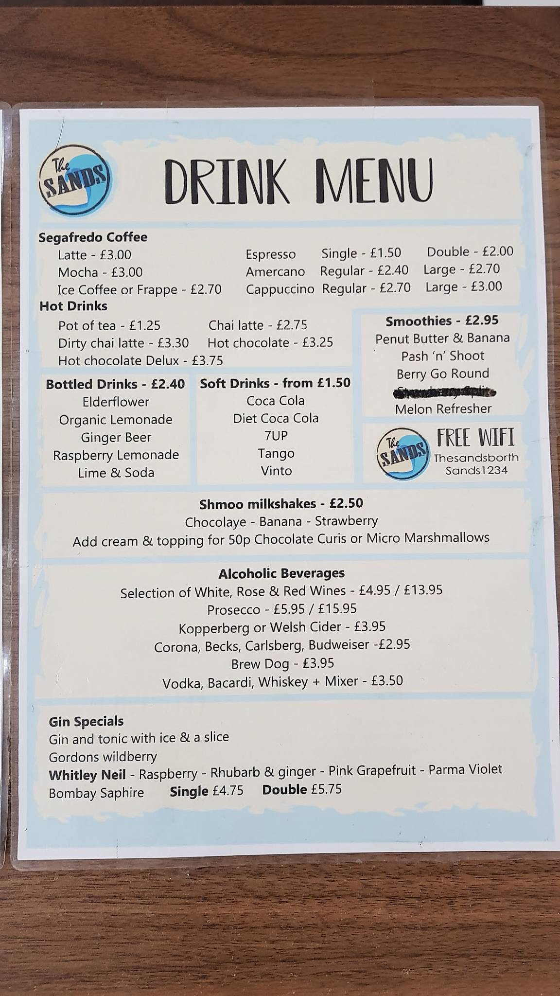 Menu at The Sands cafe, Borth
