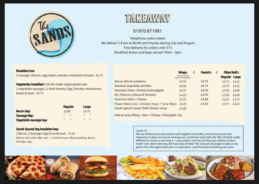 Menu at The Sands cafe, Borth