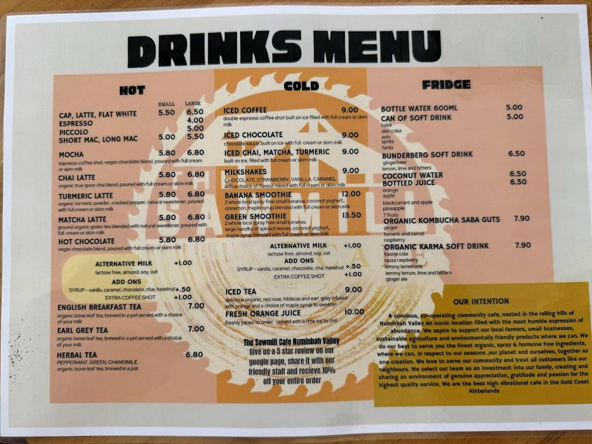 Menu at The Sawmill Cafe, Numinbah Valley