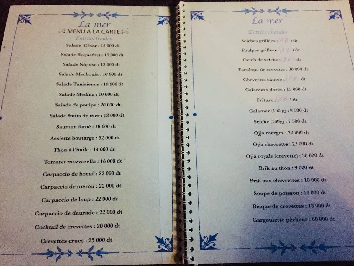 Menu au La Mer restaurant, La Goulette