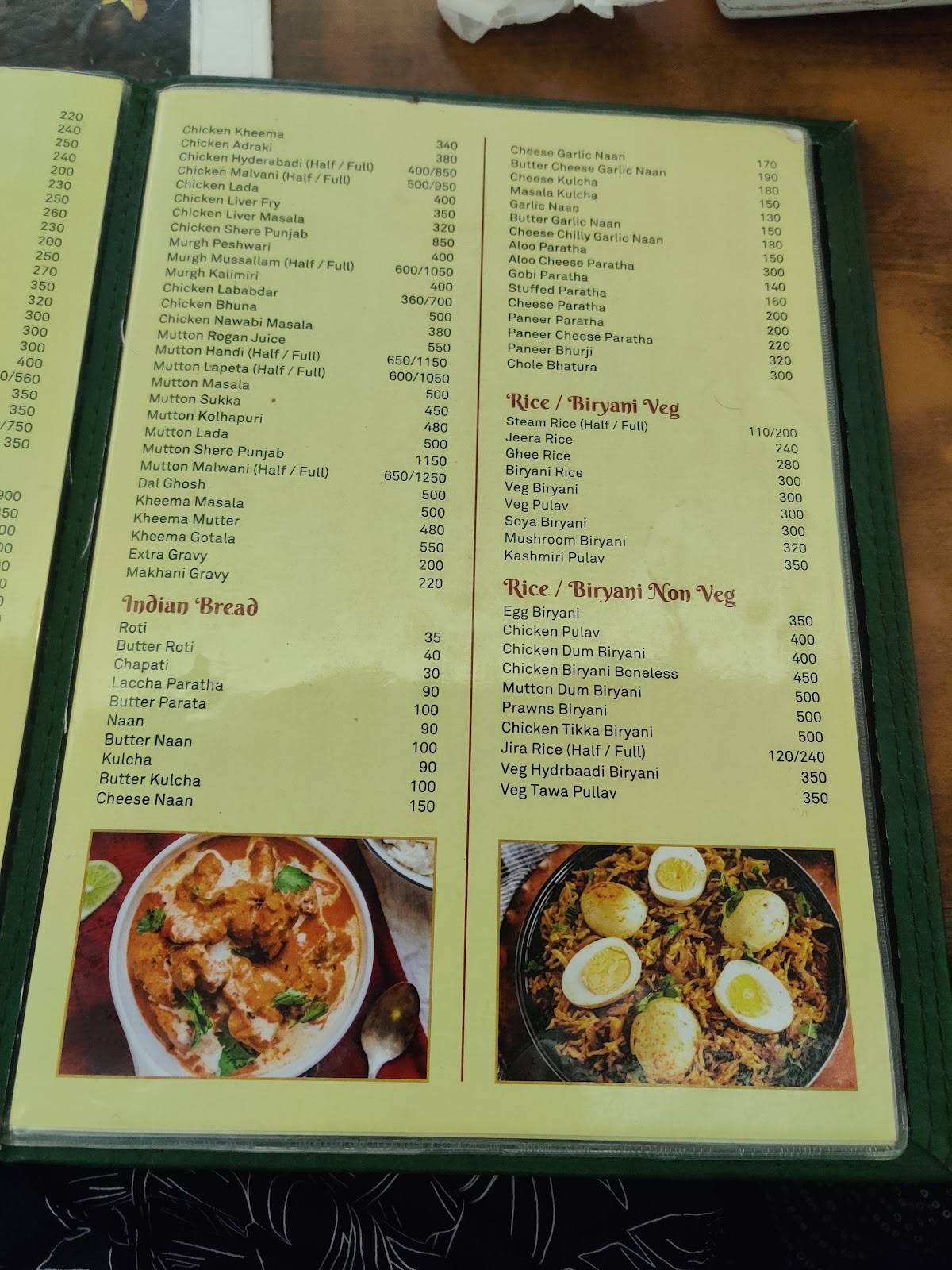 Menu at The Shere Punjab, Mahabaleshwar