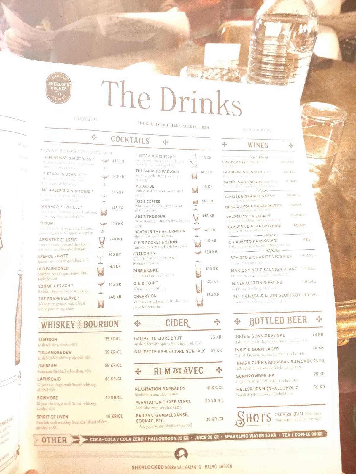 Carta de The Sherlock Holmes Cocktail Bar, Malmö, Norra Vallgatan 16