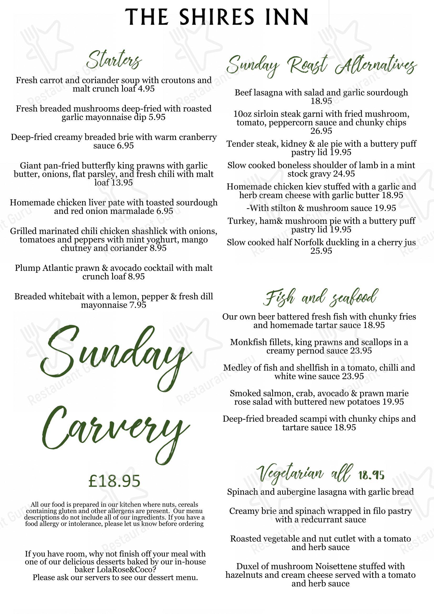 Menu at The Shires Inn & Restaurant, Gilmorton, Main St