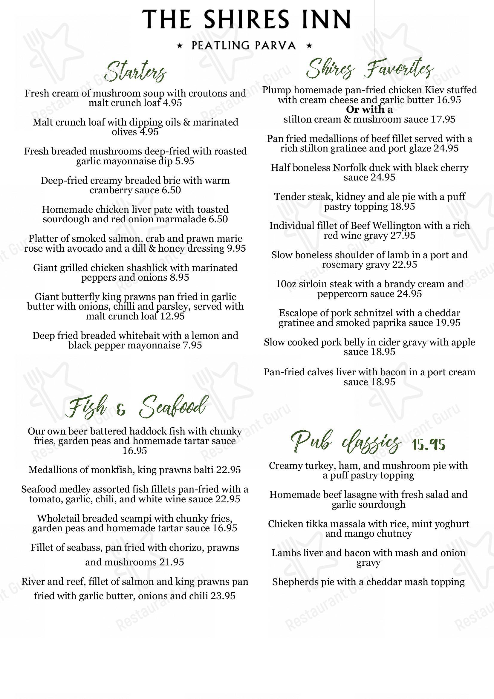 Menu at The Shires Inn & Restaurant, Gilmorton, Main St