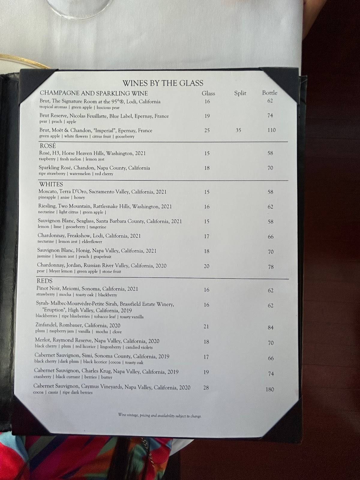Menu at The Signature Room at the 95th restaurant, Chicago