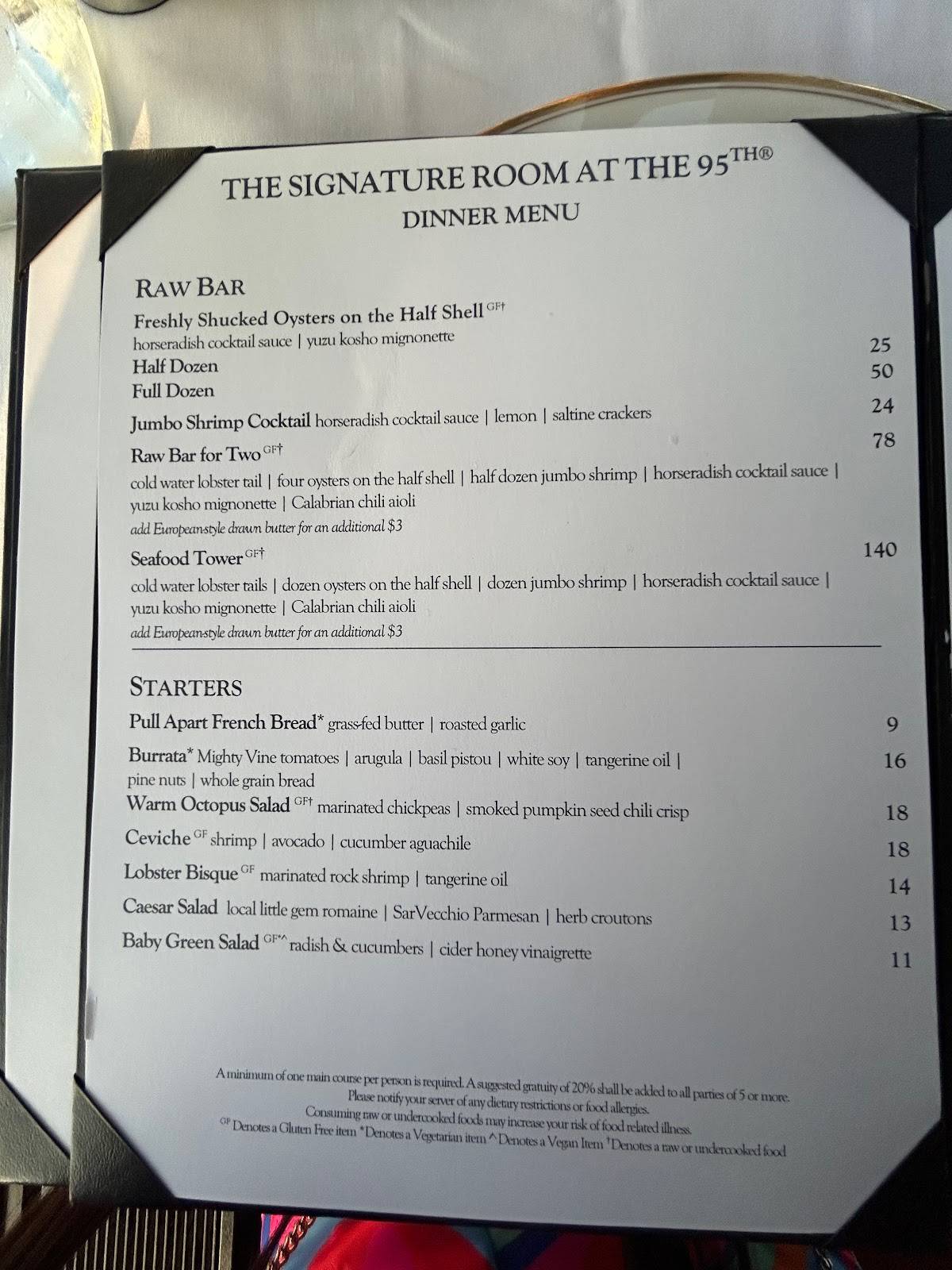 Menu at The Signature Room at the 95th restaurant, Chicago
