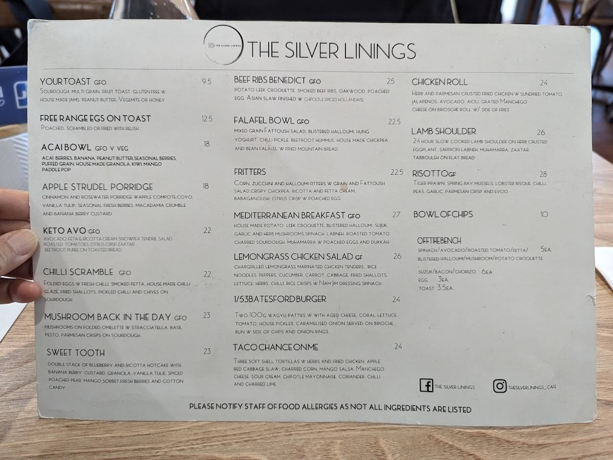 Menu at The Silver Linings cafe, Chadstone