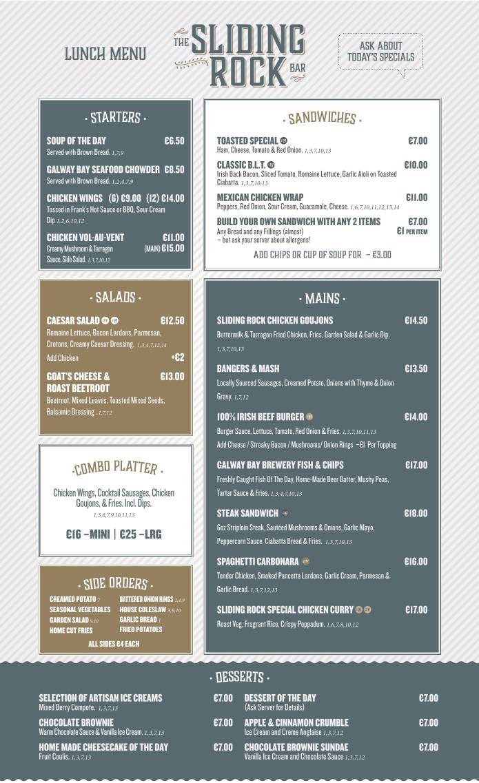 Menu at The Sliding Rock pub & bar, Galway