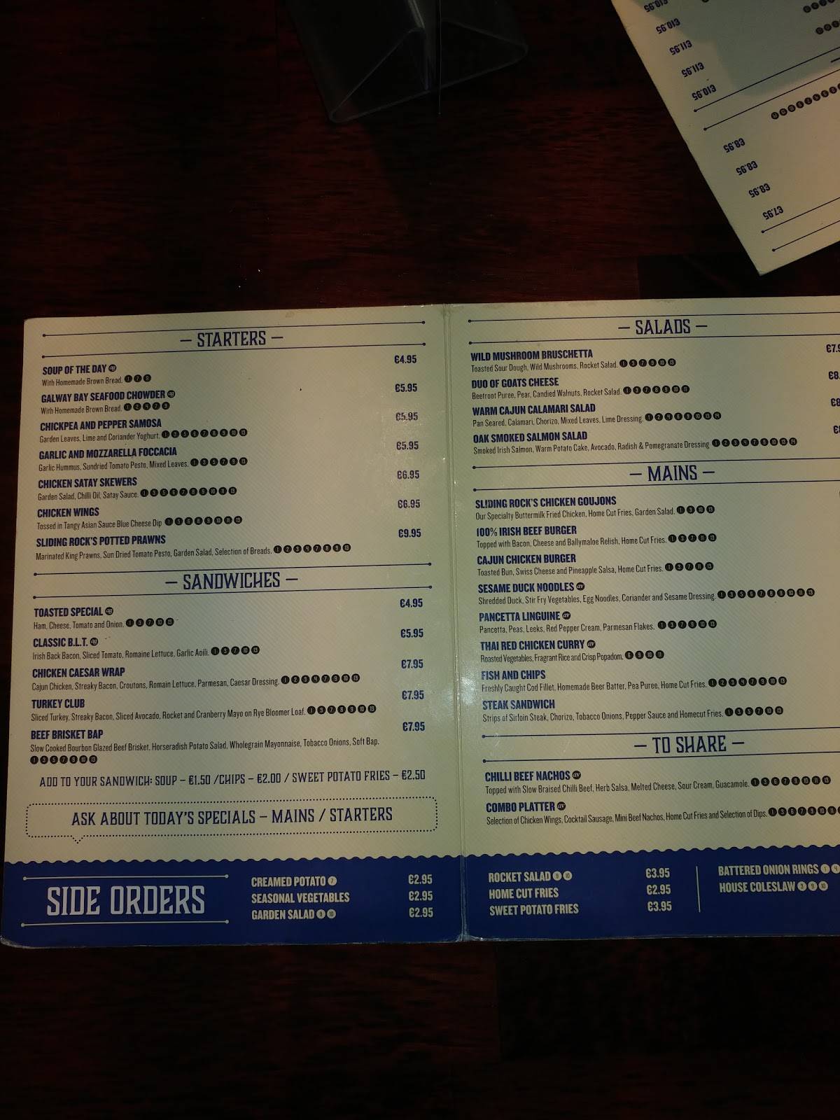 Menu at The Sliding Rock pub & bar, Galway