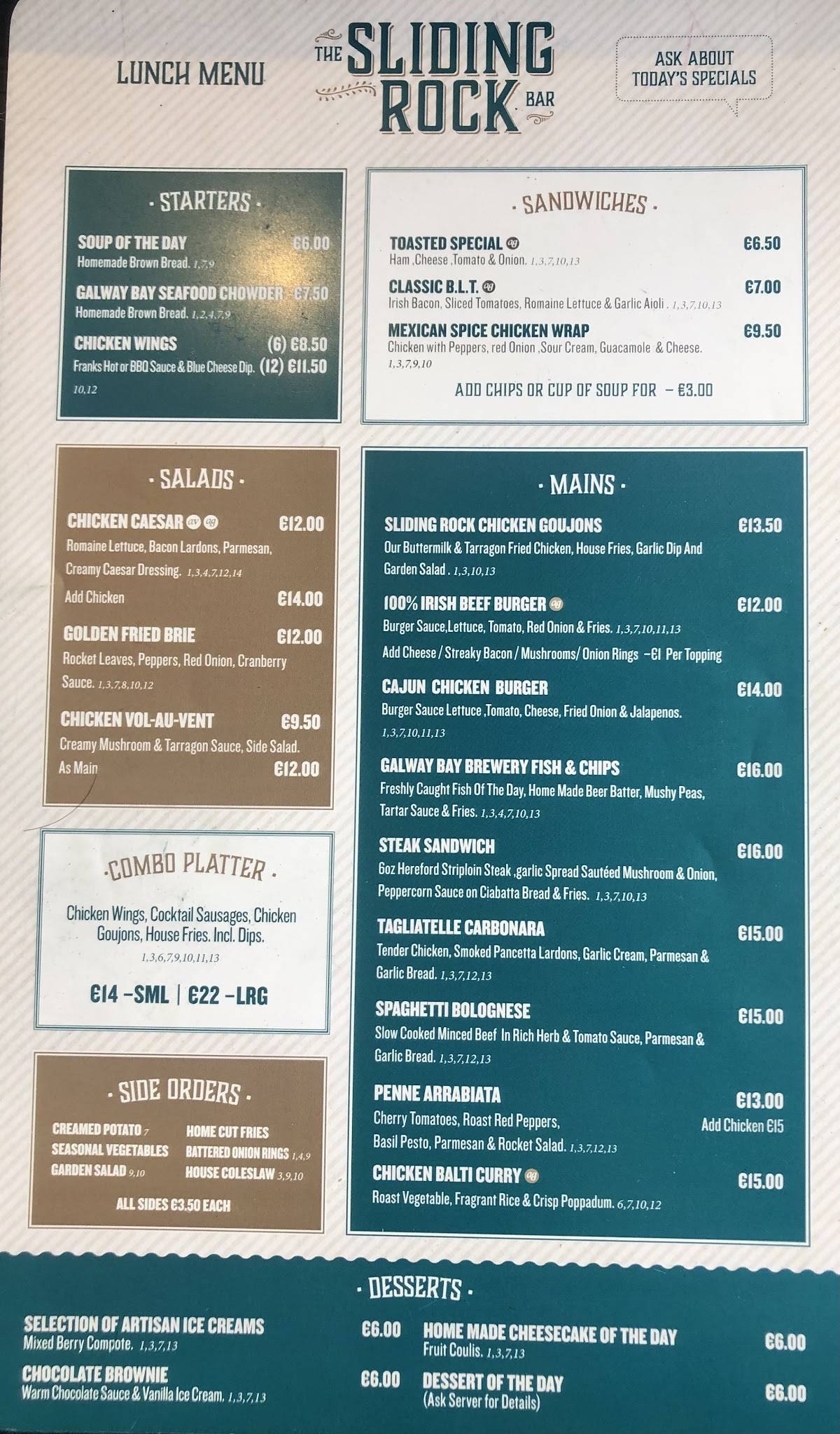Menu at The Sliding Rock pub & bar, Galway