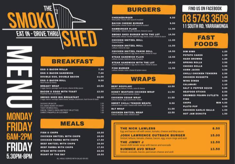 Menu at The Smoko Shed Yarrawonga cafe, Yarrawonga