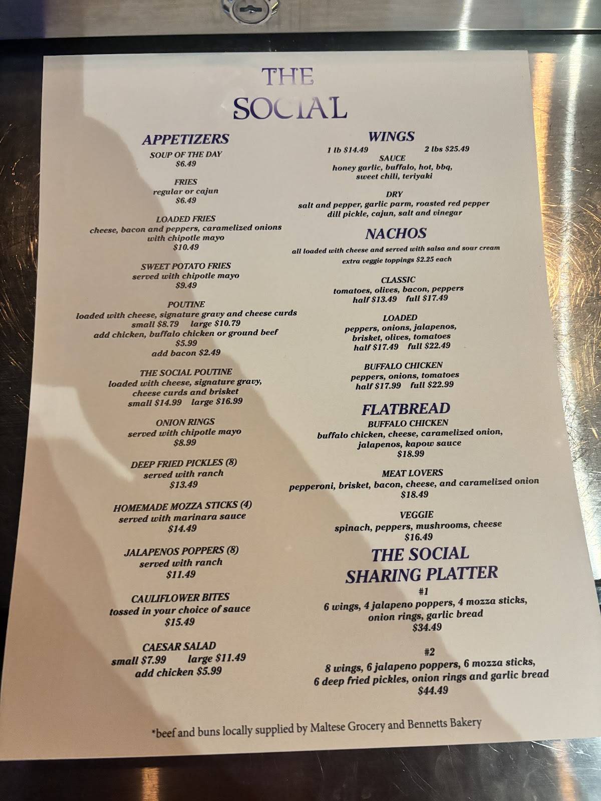 Menu at The Social pub & bar, Thunder Bay