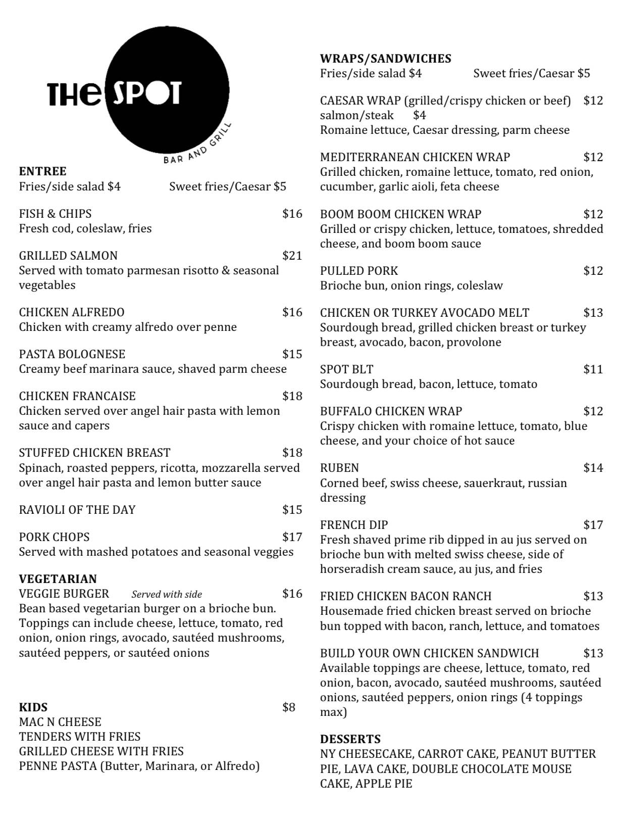 Menu at The Spot pub & bar, Tolland
