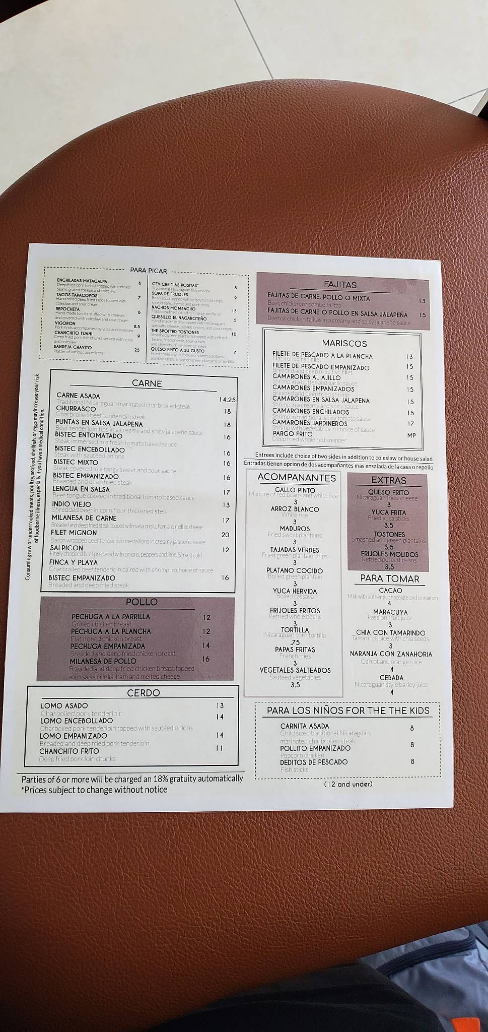 Menu at The Spotted Gallo restaurant, Miami