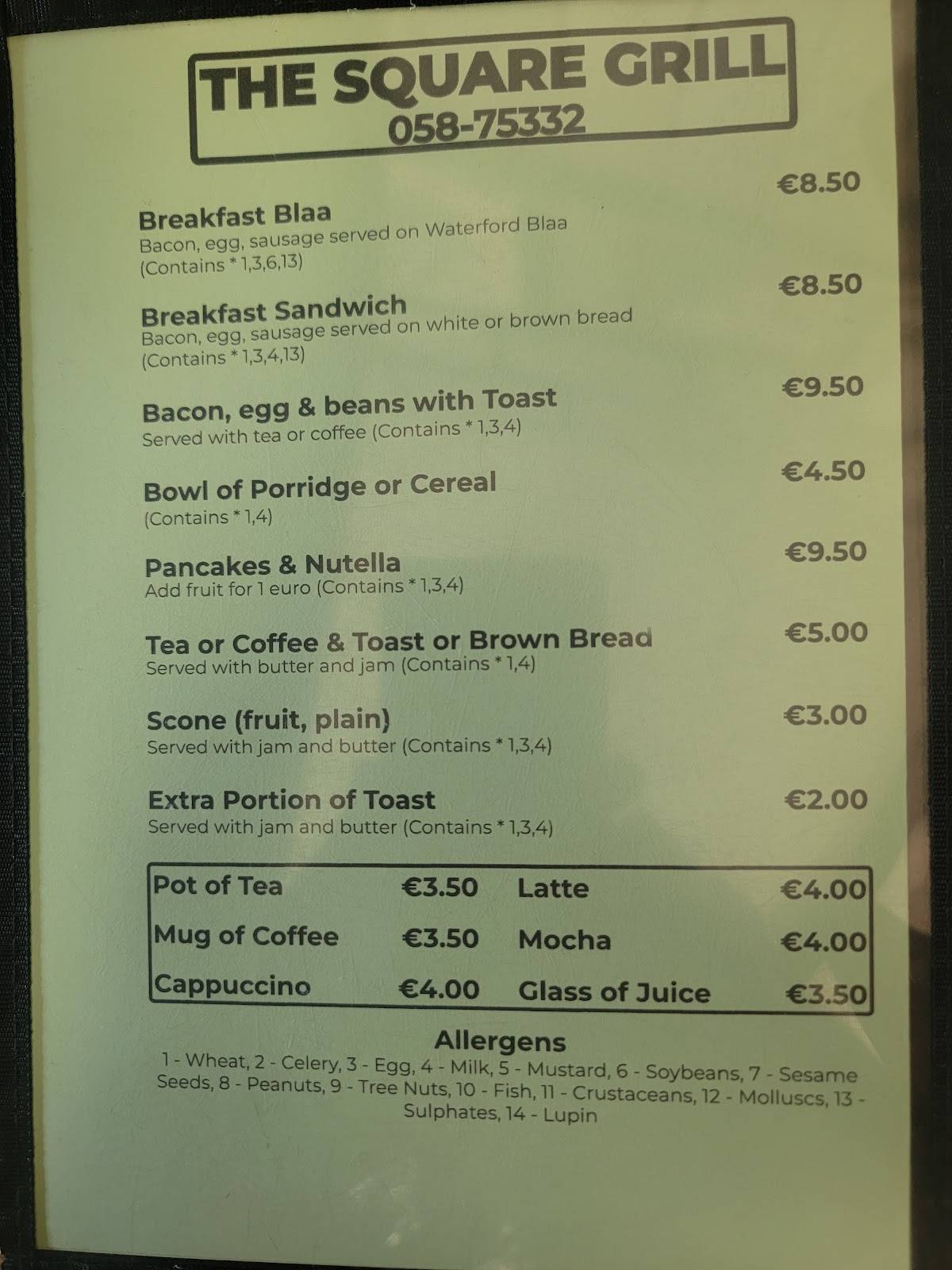 Menu at The Square Grill restaurant, Dungarvan