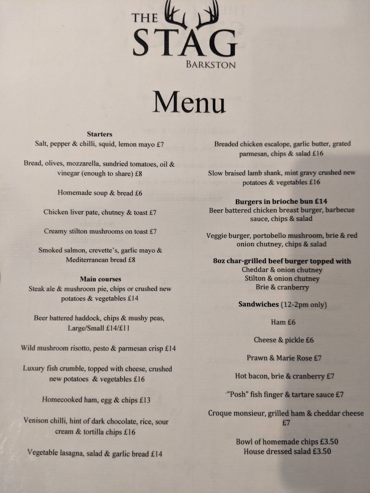 Menu at The Stag Barkston, Grantham