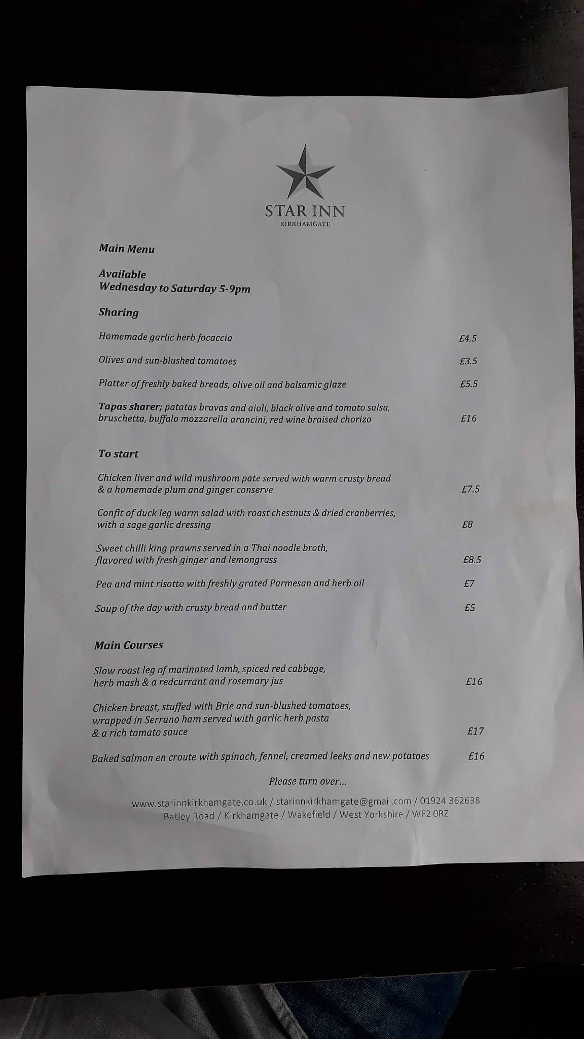 Menu at The Star Inn pub & bar, Wakefield, 245 Batley Rd