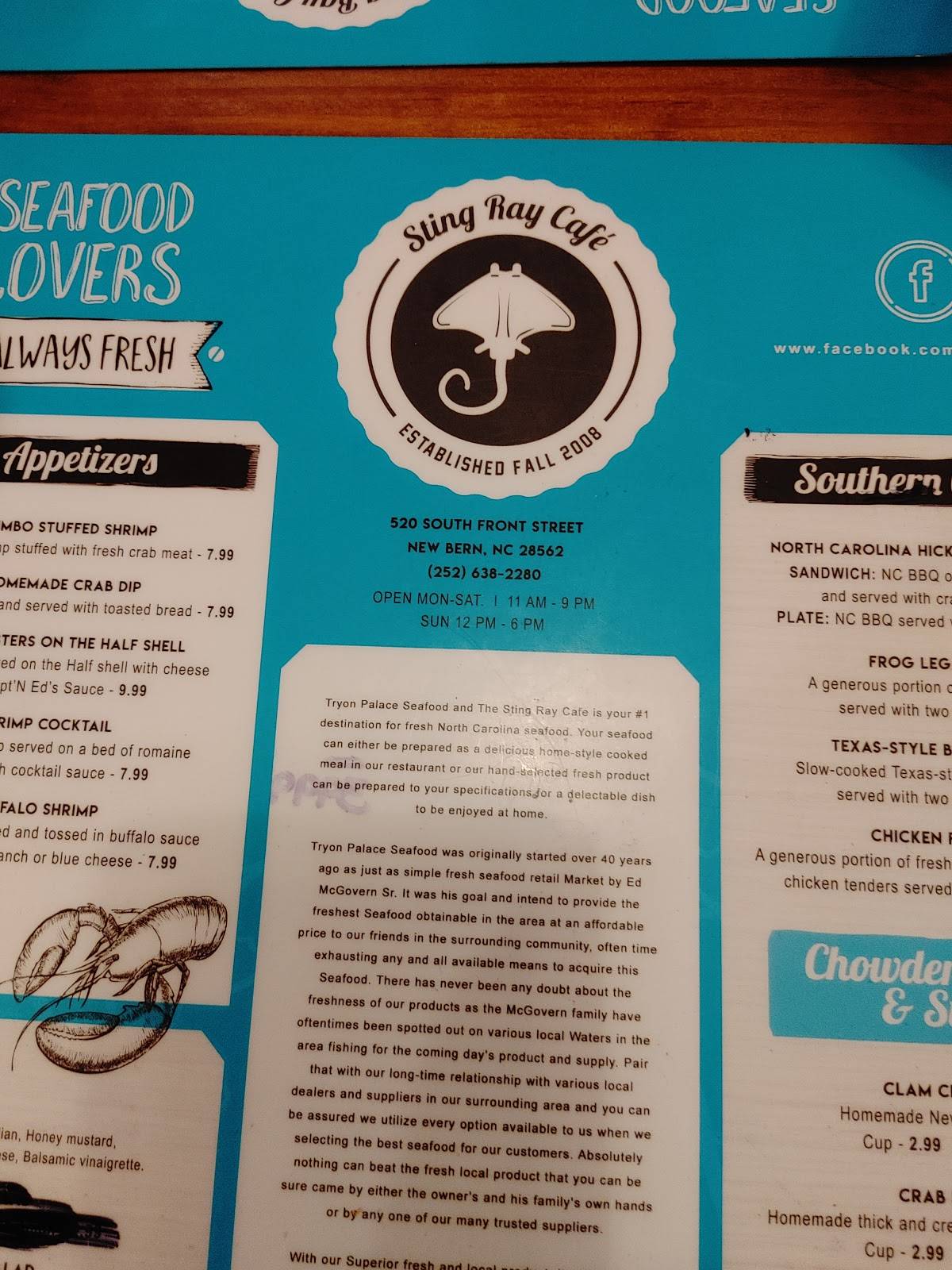 Menu at The Stingray Café restaurant, New Bern