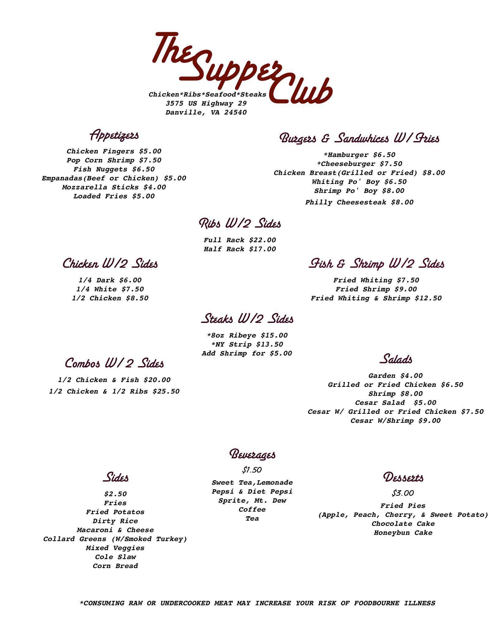 Menu at The Supper Club VA, Danville