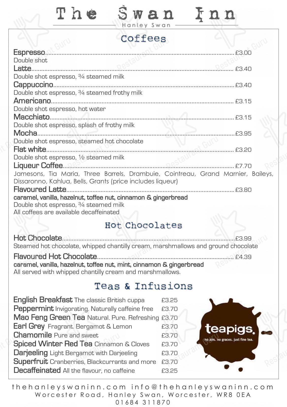 Menu at The Swan Inn pub & bar, Hanley Swan, Road