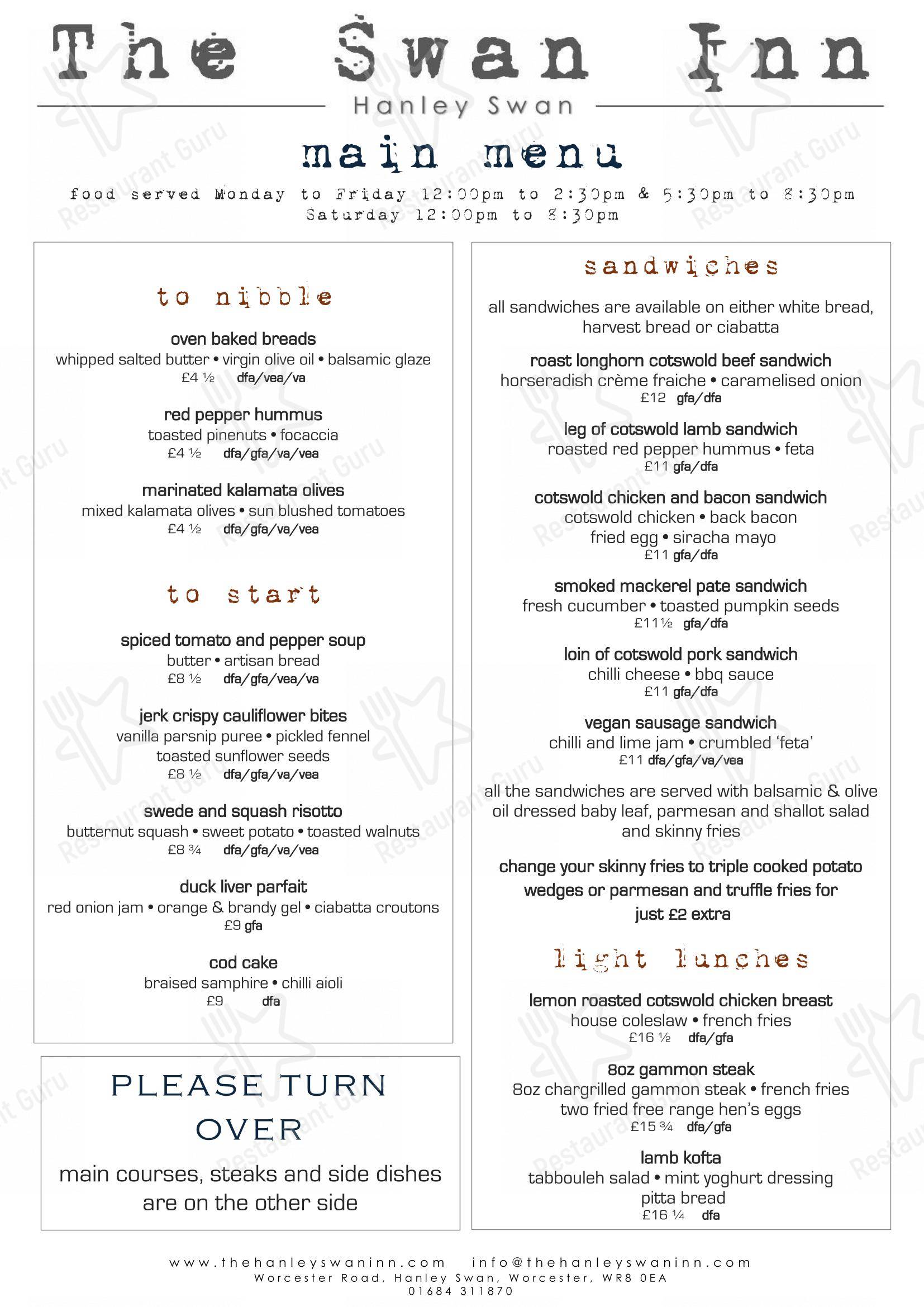Menu at The Swan Inn pub & bar, Hanley Swan, Road