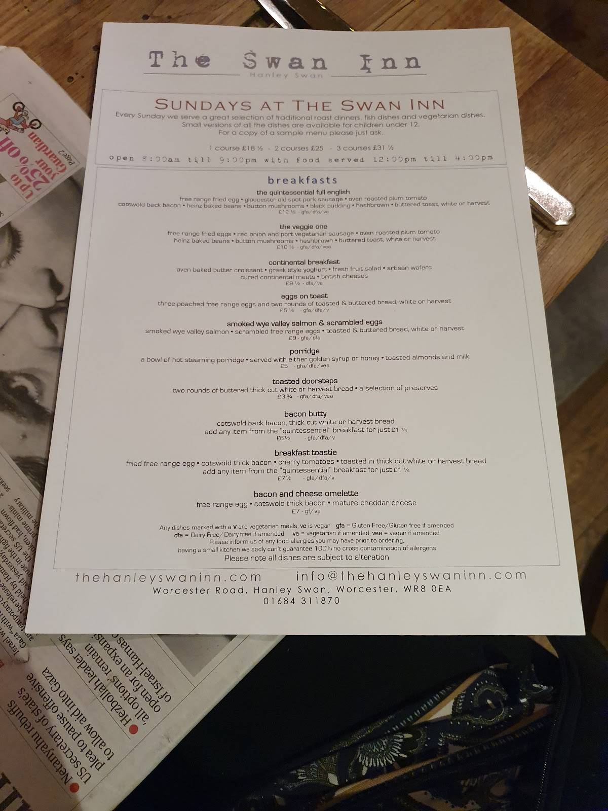 Menu at The Swan Inn pub & bar, Hanley Swan, Worcester Rd